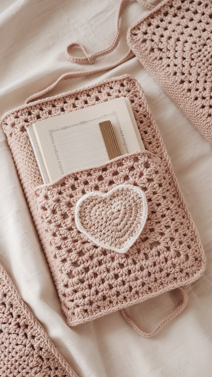 Handmade Crochet Book Cover with Heart Pocket - cozyyarnvibes.com